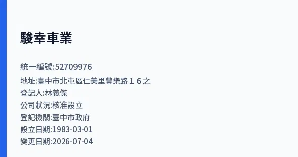 駿幸車業的照片-統編 52709976(臺中市) 公司登記資料與營業項目詳細圖表