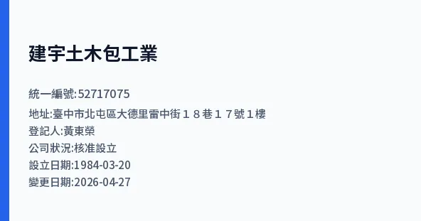 建宇土木包工業的照片-統編 52717075(臺中市) 公司登記資料與營業項目詳細圖表