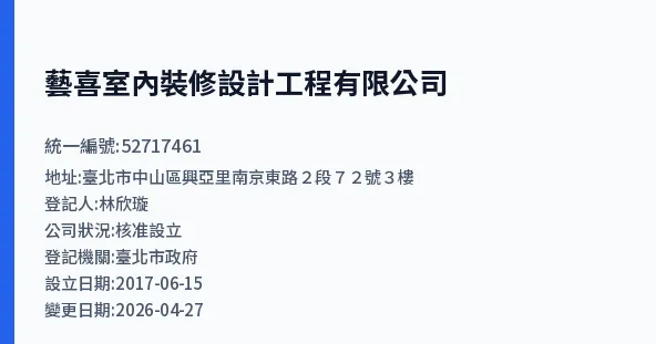 藝喜室內裝修設計工程有限公司的照片-統編 52717461(臺北市) 公司登記資料與營業項目詳細圖表