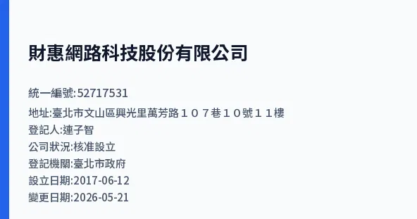 財惠網路科技股份有限公司的照片-統編 52717531(臺北市) 公司登記資料與營業項目詳細圖表