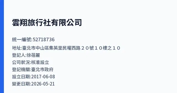 雲翔旅行社有限公司的照片-統編 52718736(臺北市) 公司登記資料與營業項目詳細圖表
