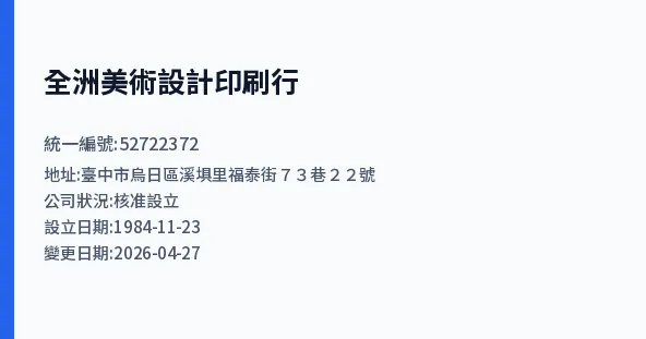 全洲美術設計印刷行的照片-統編 52722372(臺中市) 公司登記資料與營業項目詳細圖表
