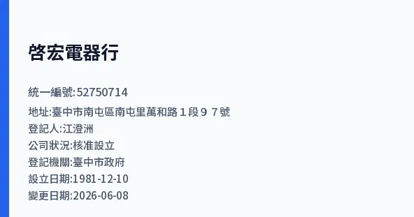 啓宏電器行的照片-統編 52750714(臺中市) 公司登記資料與營業項目詳細圖表