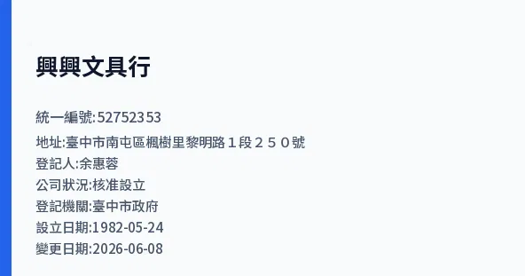 興興文具行的照片-統編 52752353(臺中市) 公司登記資料與營業項目詳細圖表