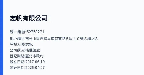 志帆有限公司的照片-統編 52758271(臺北市) 公司登記資料與營業項目詳細圖表
