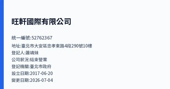 旺軒國際有限公司的照片-統編 52762367(臺北市) 公司登記資料與營業項目詳細圖表