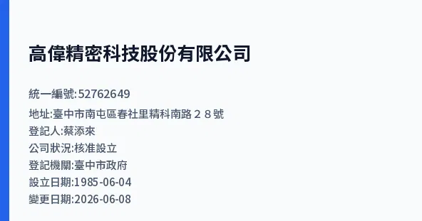 高偉精密科技股份有限公司的照片-統編 52762649(臺中市) 公司登記資料與營業項目詳細圖表