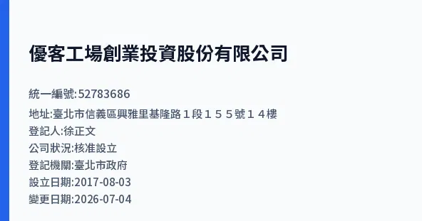優客工場創業投資股份有限公司的照片-統編 52783686(臺北市) 公司登記資料與營業項目詳細圖表