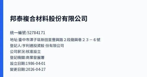 邦泰複合材料股份有限公司的照片-統編 52784171(臺中市) 公司登記資料與營業項目詳細圖表