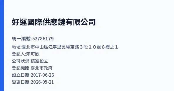 好運國際供應鏈有限公司的照片-統編 52786179(臺北市) 公司登記資料與營業項目詳細圖表