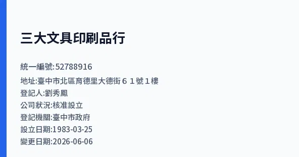 三大文具印刷品行的照片-統編 52788916(臺中市) 公司登記資料與營業項目詳細圖表