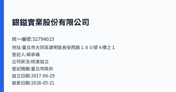 銀鎰實業股份有限公司的照片-統編 52794023(臺北市) 公司登記資料與營業項目詳細圖表