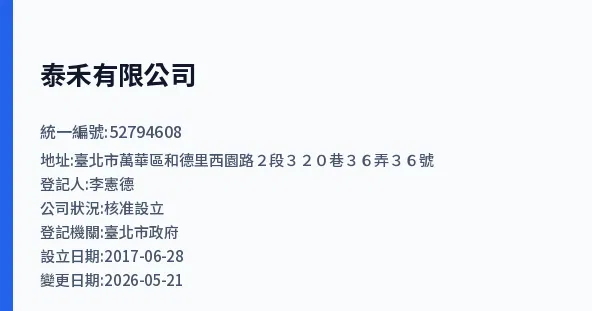 泰禾有限公司的照片-統編 52794608(臺北市) 公司登記資料與營業項目詳細圖表