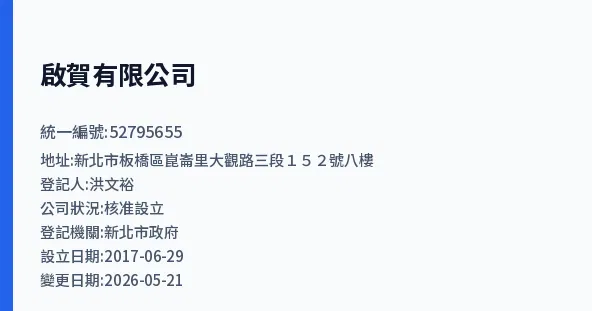 啟賀有限公司的照片-統編 52795655(新北市) 公司登記資料與營業項目詳細圖表