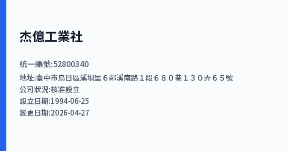 杰億工業社的照片-統編 52800340(臺中市) 公司登記資料與營業項目詳細圖表