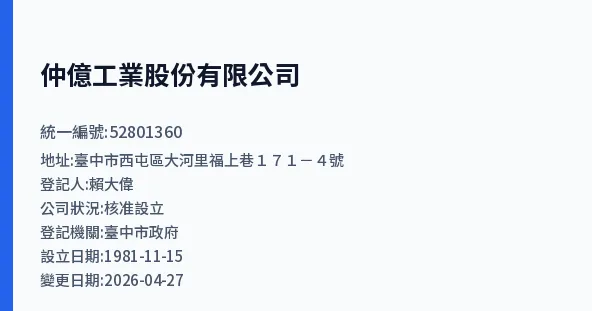 仲億工業股份有限公司的照片-統編 52801360(臺中市) 公司登記資料與營業項目詳細圖表