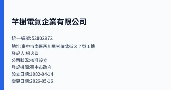 芊樹電氣企業有限公司的照片-統編 52802972(臺中市) 公司登記資料與營業項目詳細圖表
