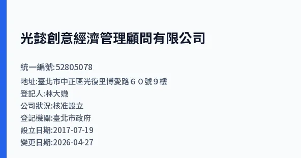 光懿創意經濟管理顧問有限公司的照片-統編 52805078(臺北市) 公司登記資料與營業項目詳細圖表