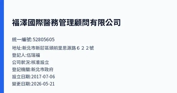 福澤國際醫務管理顧問有限公司的照片-統編 52805605(新北市) 公司登記資料與營業項目詳細圖表