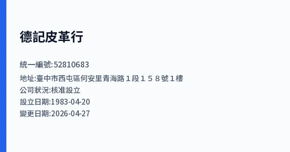 德記皮革行的照片-統編 52810683(臺中市) 公司登記資料與營業項目詳細圖表