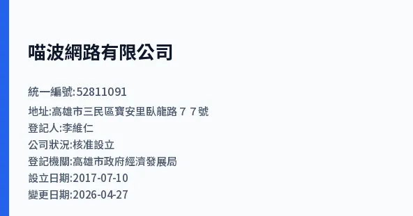 喵波網路有限公司的照片-統編 52811091(高雄市) 公司登記資料與營業項目詳細圖表