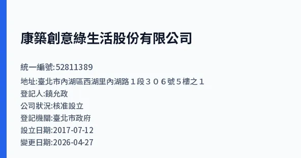 康築創意綠生活股份有限公司的照片-統編 52811389(臺北市) 公司登記資料與營業項目詳細圖表