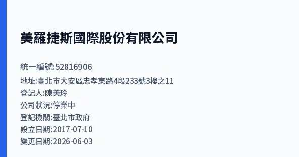 美羅捷斯國際股份有限公司的照片-統編 52816906(臺北市) 公司登記資料與營業項目詳細圖表