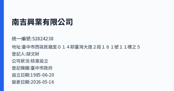 南吉興業有限公司的照片-統編 52824238(臺中市) 公司登記資料與營業項目詳細圖表