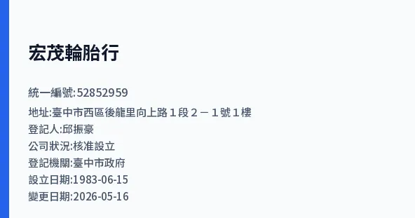宏茂輪胎行的照片-統編 52852959(臺中市) 公司登記資料與營業項目詳細圖表