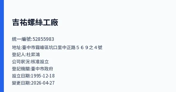 吉祐螺絲工廠的照片-統編 52855983(臺中市) 公司登記資料與營業項目詳細圖表