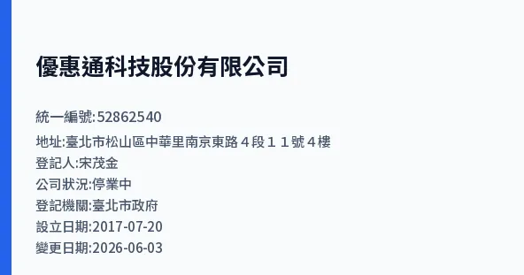 優惠通科技股份有限公司的照片-統編 52862540(臺北市) 公司登記資料與營業項目詳細圖表