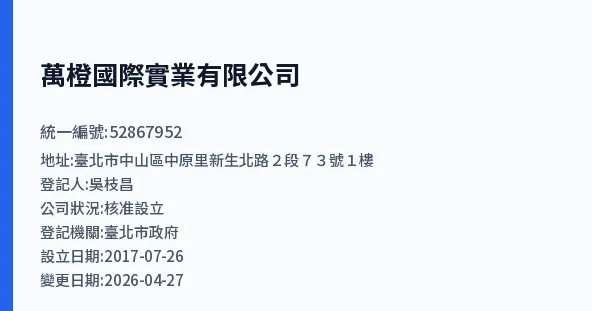 萬橙國際實業有限公司的照片-統編 52867952(臺北市) 公司登記資料與營業項目詳細圖表
