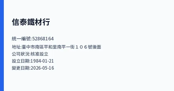 信泰鐵材行的照片-統編 52868164(臺中市) 公司登記資料與營業項目詳細圖表
