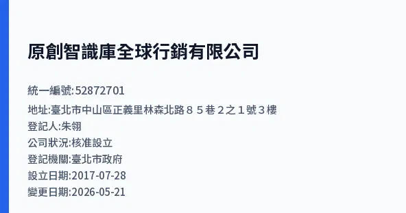 原創智識庫全球行銷有限公司的照片-統編 52872701(臺北市) 公司登記資料與營業項目詳細圖表