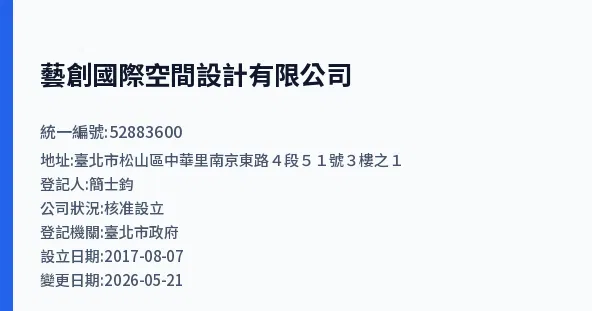 藝創國際空間設計有限公司的照片-統編 52883600(臺北市) 公司登記資料與營業項目詳細圖表