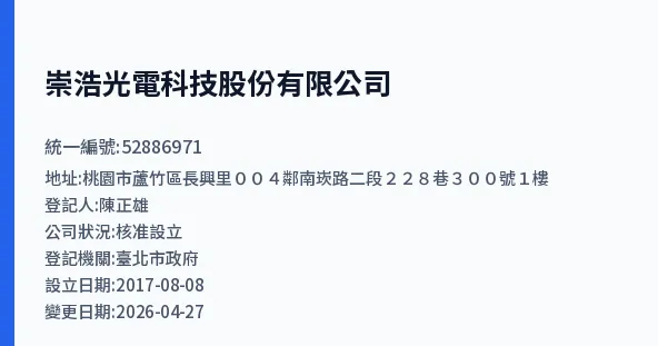 崇浩光電科技股份有限公司的照片-統編 52886971(桃園市) 公司登記資料與營業項目詳細圖表