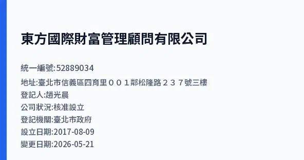 東方國際財富管理顧問有限公司的照片-統編 52889034(臺北市) 公司登記資料與營業項目詳細圖表