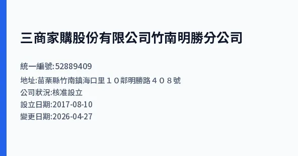 三商家購股份有限公司竹南明勝分公司的照片-統編 52889409(苗栗縣) 公司登記資料與營業項目詳細圖表
