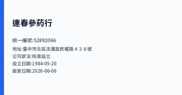 連春參葯行的照片-統編 52892066(臺中市) 公司登記資料與營業項目詳細圖表