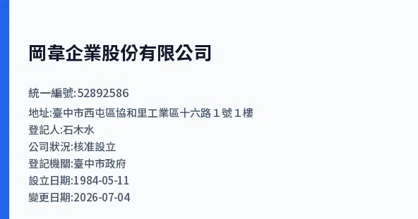 岡韋企業股份有限公司的照片-統編 52892586(臺中市) 公司登記資料與營業項目詳細圖表