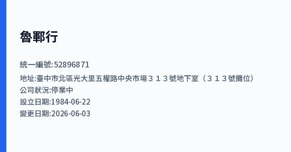 魯鄆行的照片-統編 52896871(臺中市) 公司登記資料與營業項目詳細圖表