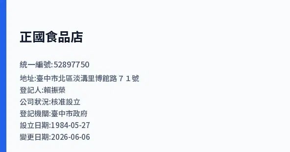 正國食品店的照片-統編 52897750(臺中市) 公司登記資料與營業項目詳細圖表