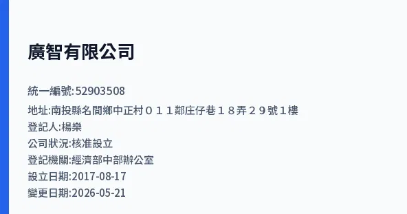 廣智有限公司的照片-統編 52903508(南投縣) 公司登記資料與營業項目詳細圖表
