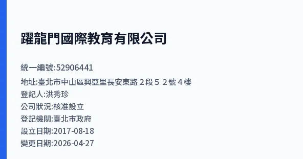 躍龍門國際教育有限公司的照片-統編 52906441(臺北市) 公司登記資料與營業項目詳細圖表
