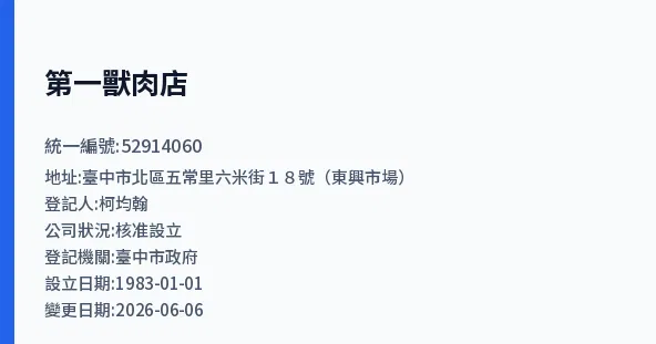 第一獸肉店的照片-統編 52914060(臺中市) 公司登記資料與營業項目詳細圖表