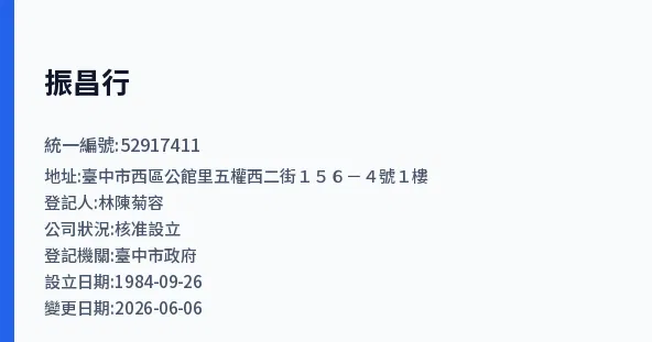 振昌行的照片-統編 52917411(臺中市) 公司登記資料與營業項目詳細圖表