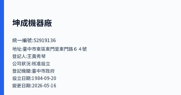 坤成機器廠的照片-統編 52919136(臺中市) 公司登記資料與營業項目詳細圖表
