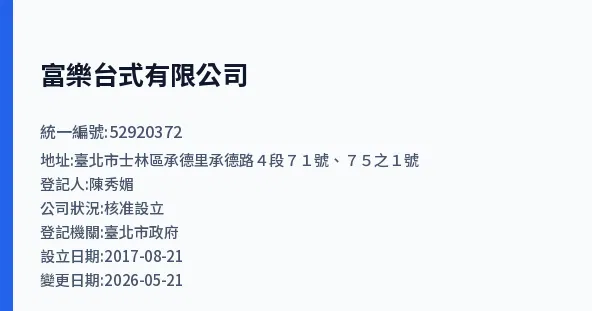 富樂台式有限公司的照片-統編 52920372(臺北市) 公司登記資料與營業項目詳細圖表