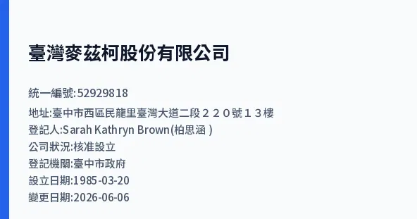 臺灣麥茲柯股份有限公司的照片-統編 52929818(臺中市) 公司登記資料與營業項目詳細圖表