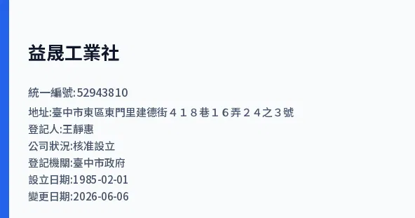 益晟工業社的照片-統編 52943810(臺中市) 公司登記資料與營業項目詳細圖表